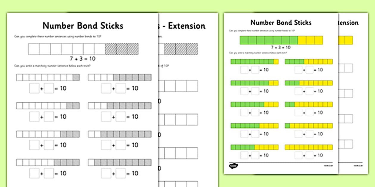 Editable Number Bond Sticks Addition to 10 Worksheet