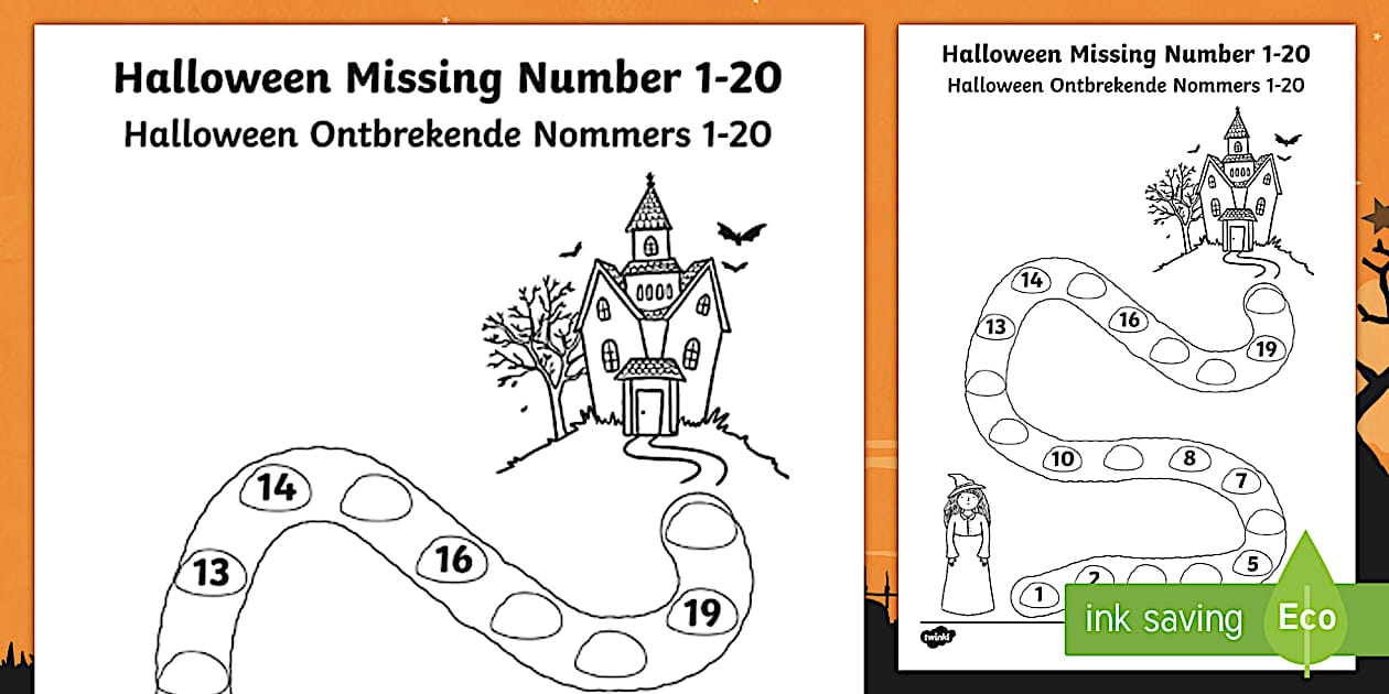 Halloween Missing Numbers to 20 English/Afrikaans Worksheet
