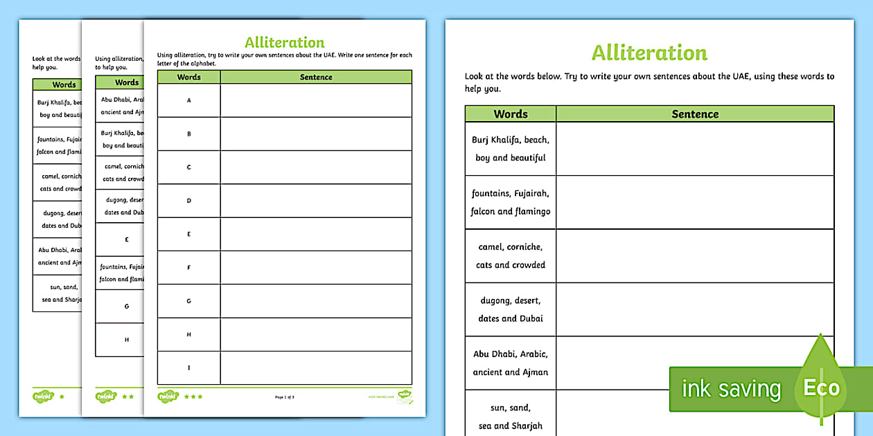 UAE Alliteration Differentiated Worksheet / Worksheet