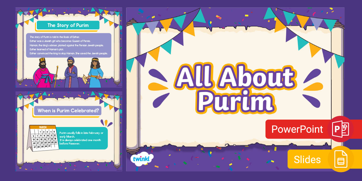 All About Purim PowerPoint & Google Slides for K-2nd Grade