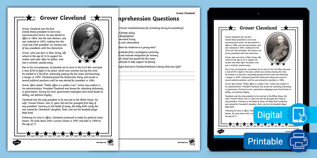 Grover Cleveland Reading Passage Comprehension Worksheet
