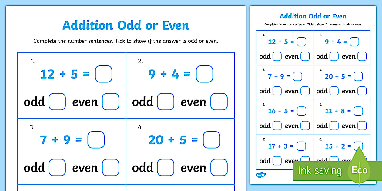 Algebra - Addition Odd or Even Worksheet - Twinkl
