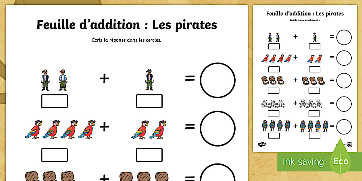 Feuille d'addition : Les pirates - Twinkl