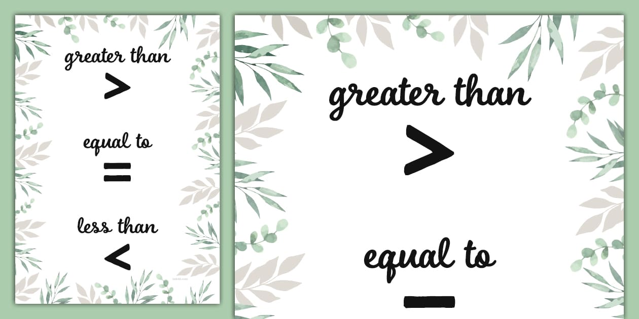 👉 Muted Botanical Themed Greater Than, Less Than, Equal To Display Poster