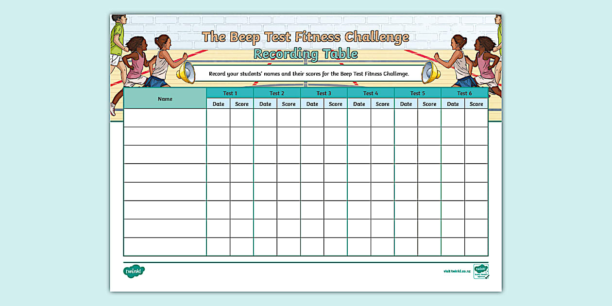Beep Test Fitness Challenge Whole Class Display Recording Sheet
