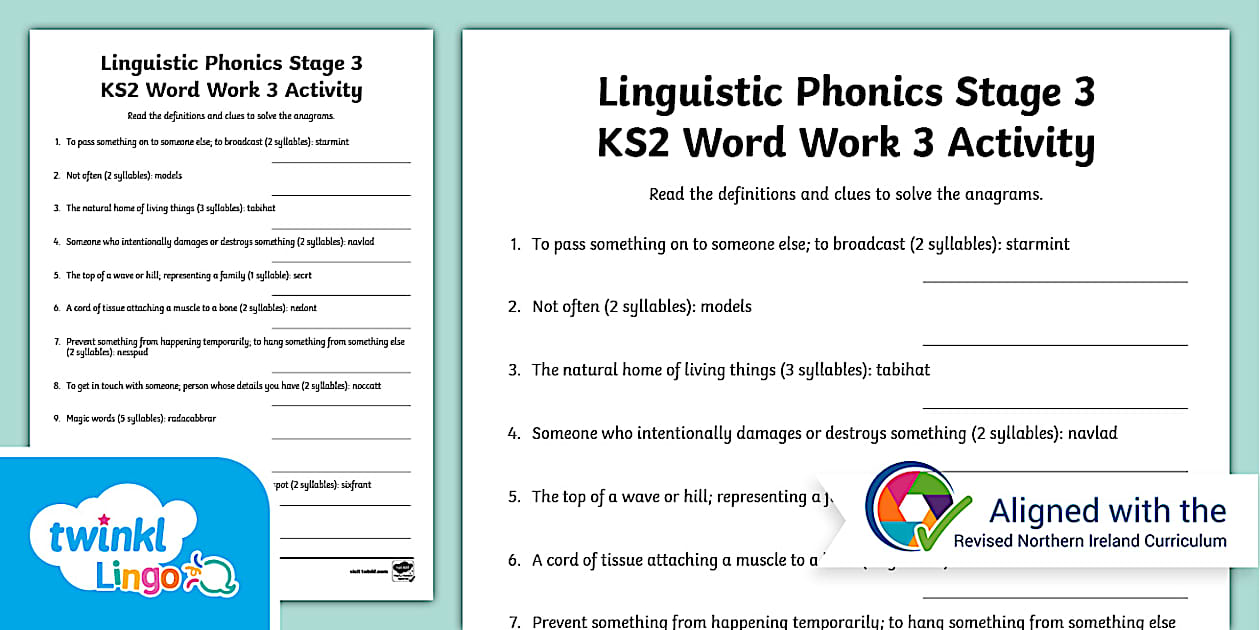 Linguistic Phonics Stage 3 KS2 Word Work 3 Activity Sheet
