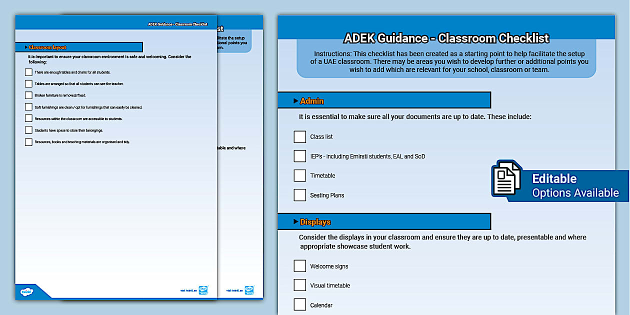 ADEK Classroom Checklist (teacher made) - Twinkl