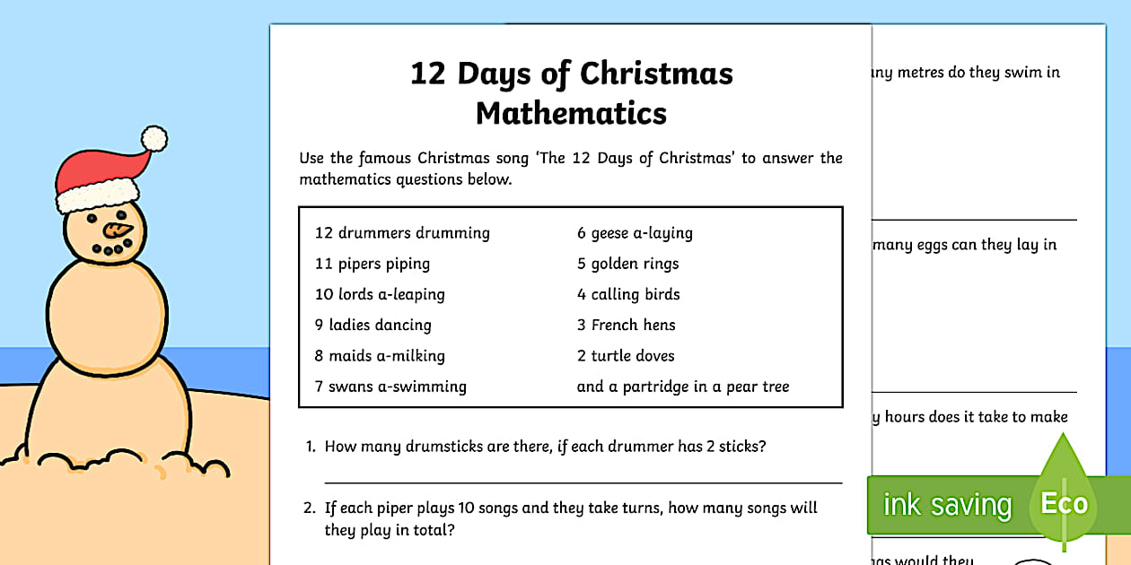 12 Days of Christmas mathematics Worksheet / Worksheet