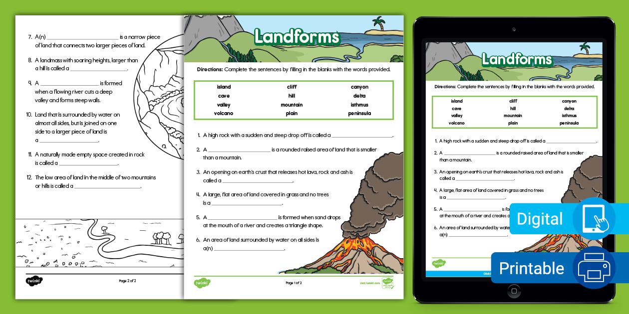 Second Grade Landforms Cloze Reading Worksheet - Twinkl