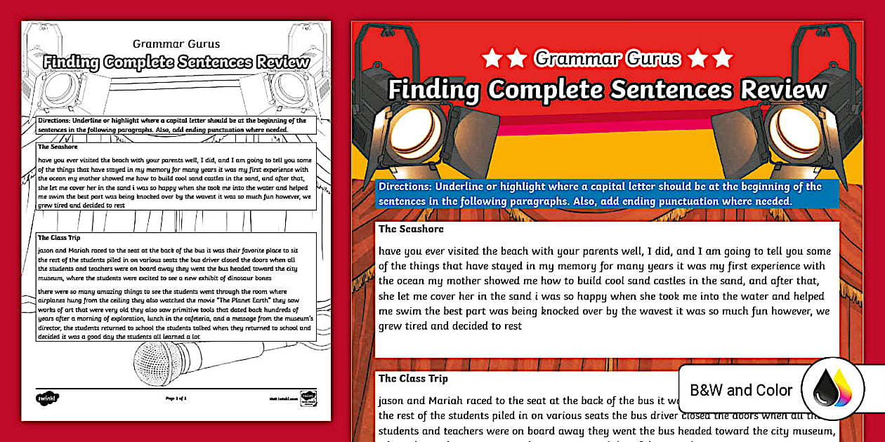 Grammar Gurus Finding Complete Sentences Review for 6th-8th Grade