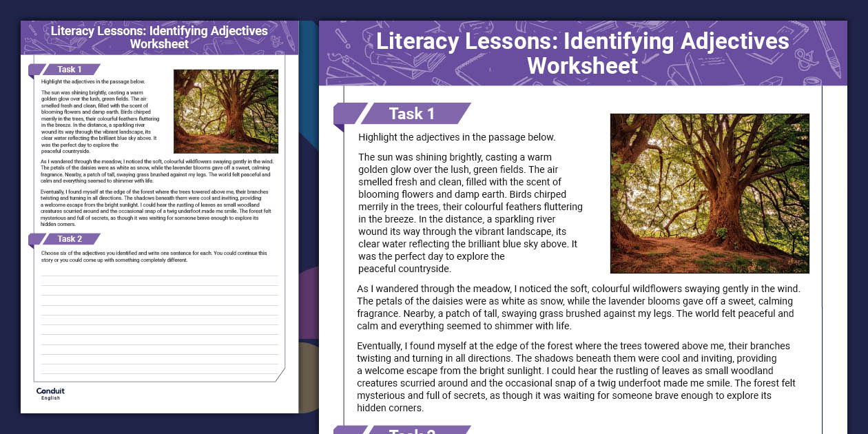 Literacy Lessons: Identifying Adjectives Worksheet - Twinkl