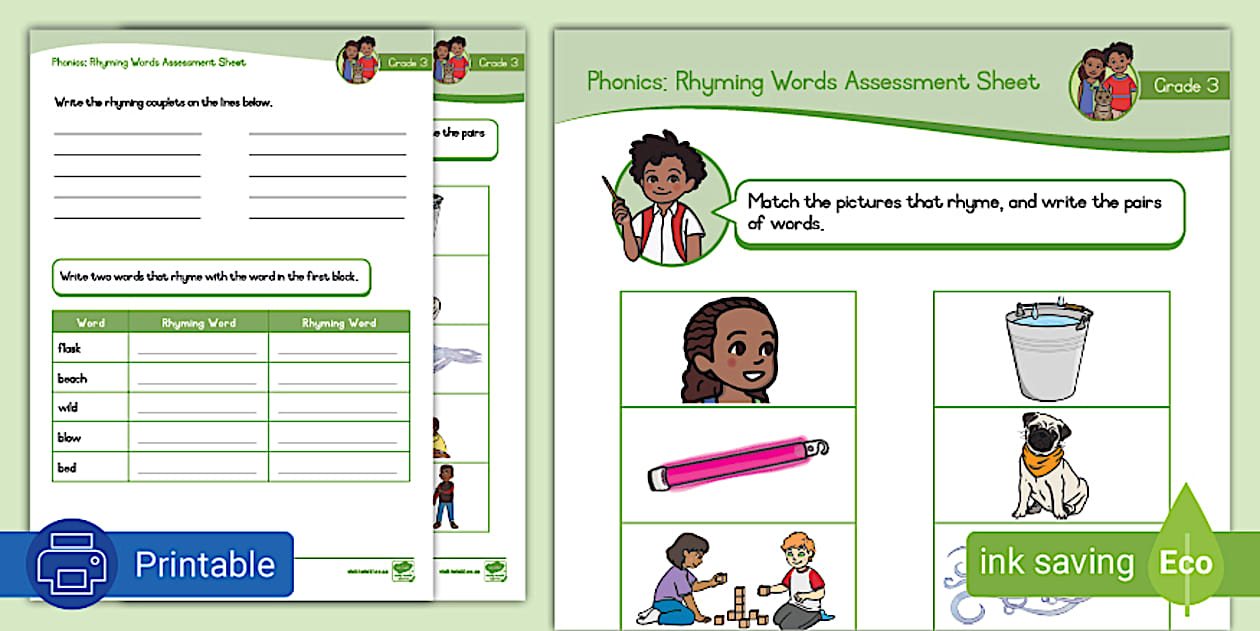 Grade 3 Phonics: Rhyming Words Assessment Sheet - Twinkl