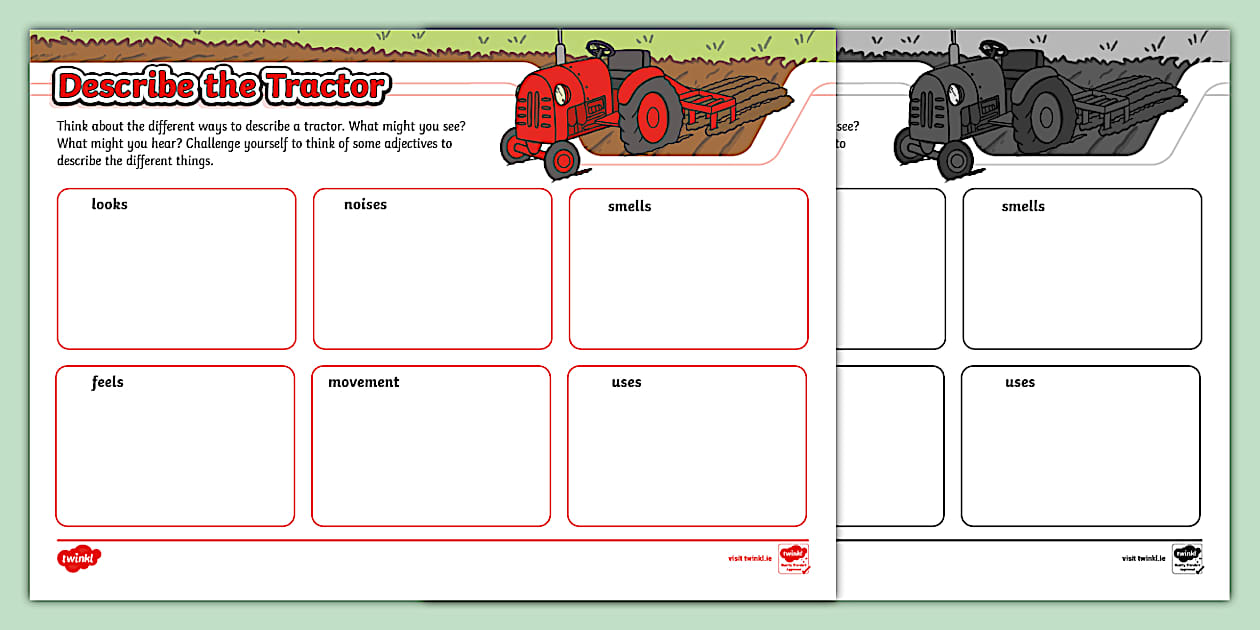 Tractor Adjectives Worksheet - Twinkl Writing (Teacher-Made)