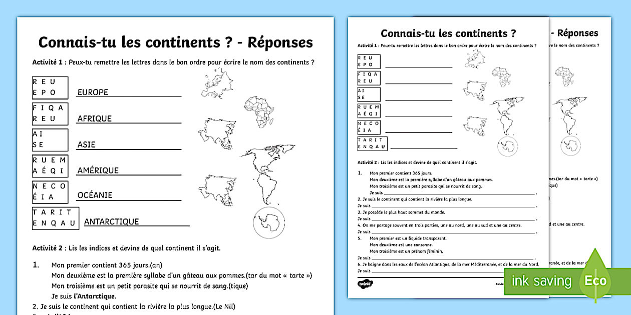 Feuille d'activités : Les continents