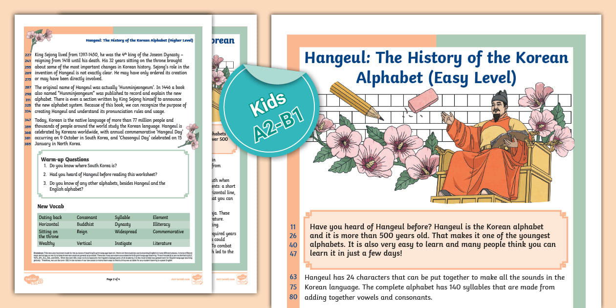 The History of Hangeul ESL Reading Comprehension - Twinkl