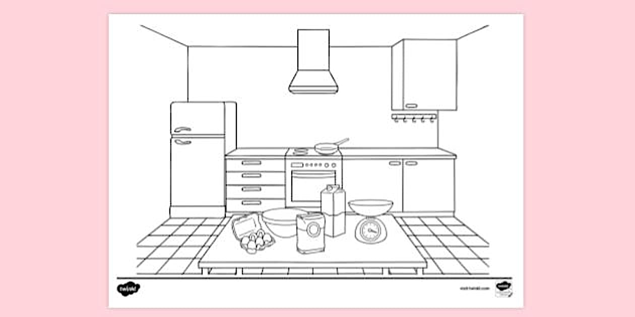 Kitchen Scene With Pancake Making Items Colouring Sheet