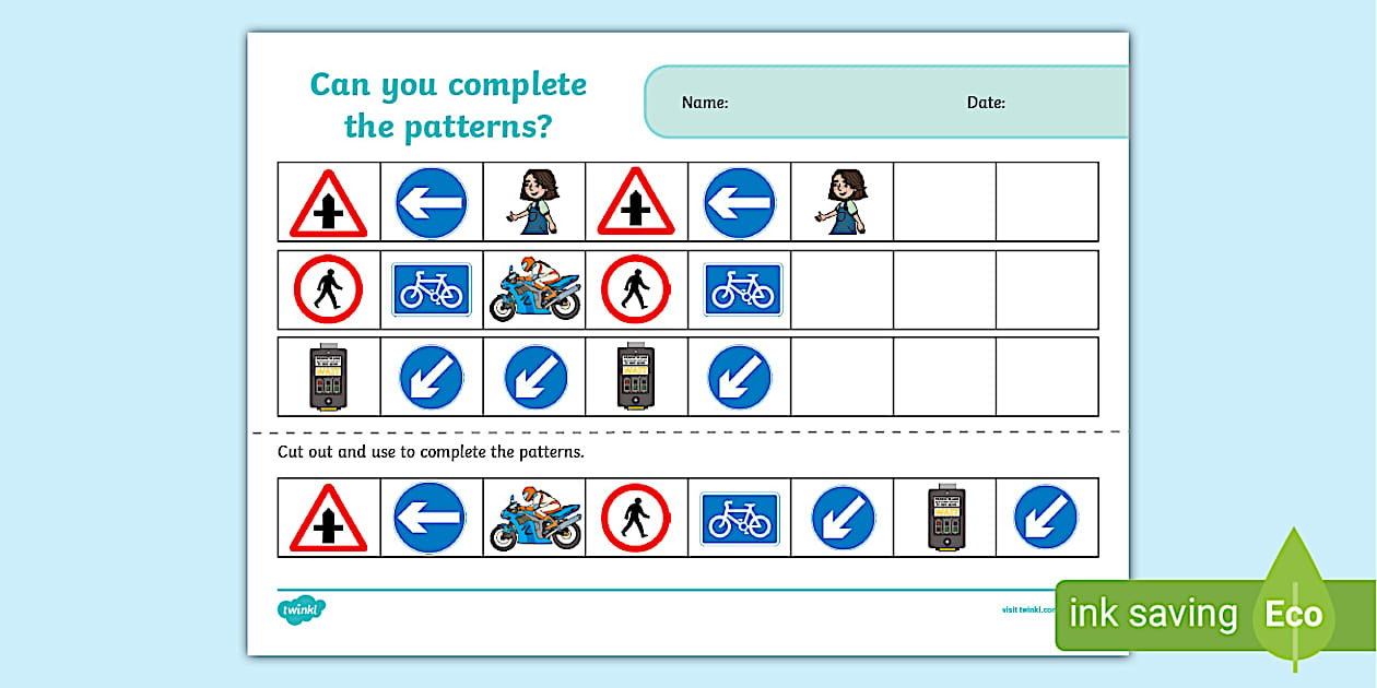 Road Safety Complete the Pattern Worksheet - Twinkl