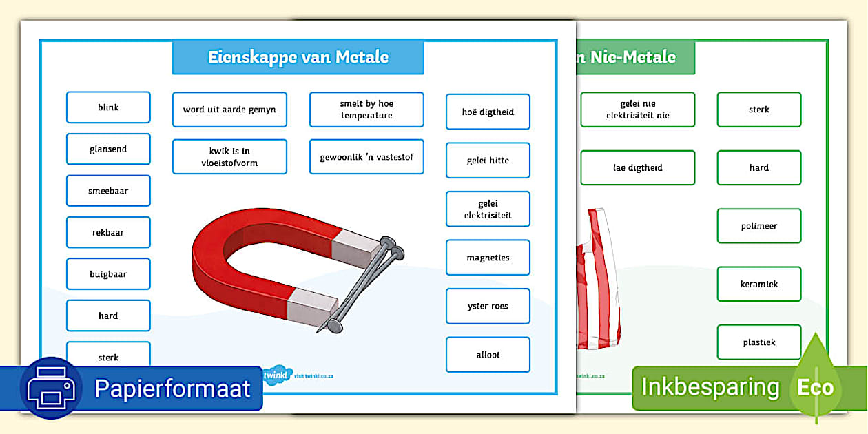 Eienskappe van Metale en Nie-Metale Woordmat (teacher made)
