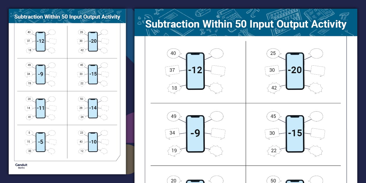 Reinforcing Number: Subtraction Within 50 Input Output