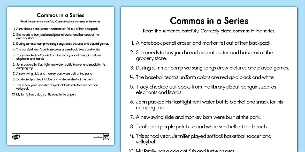 Second Grade Commas in a Series Worksheet - Twinkl