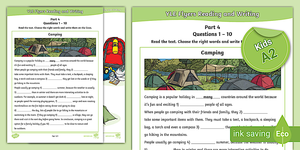 ESL YLE Flyers Reading and Writing Part 4 Practice Worksheet (Camping ...