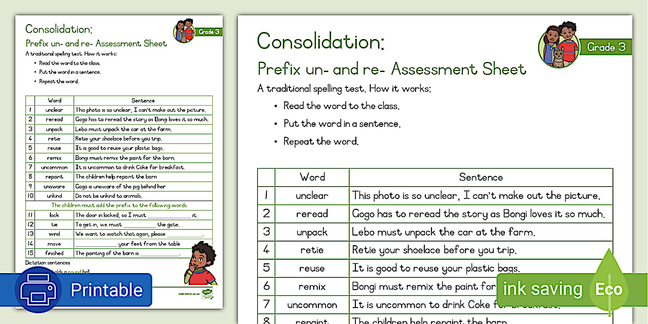 Gr3 Eng Phonics Prefix un- and re- Assessment Sheet (CAPS)