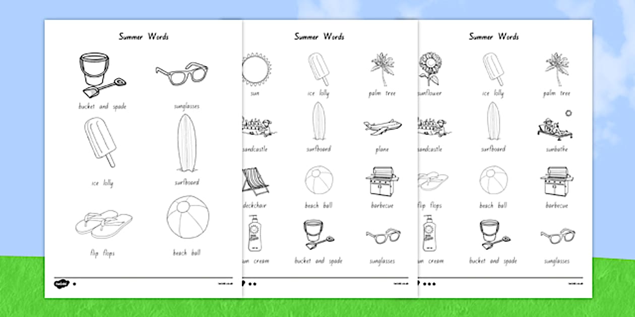 Summer Differentiated Words Colouring Sheet (teacher made)