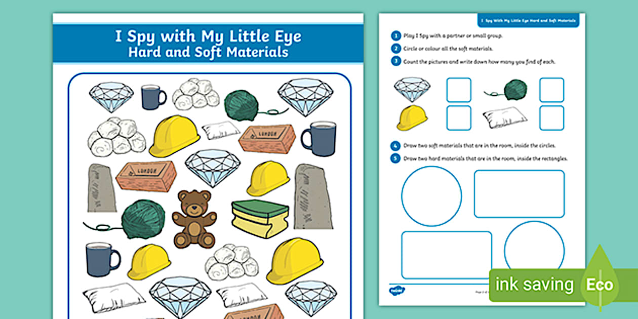 Hard and Soft Materials Worksheet I Spy - Twinkl