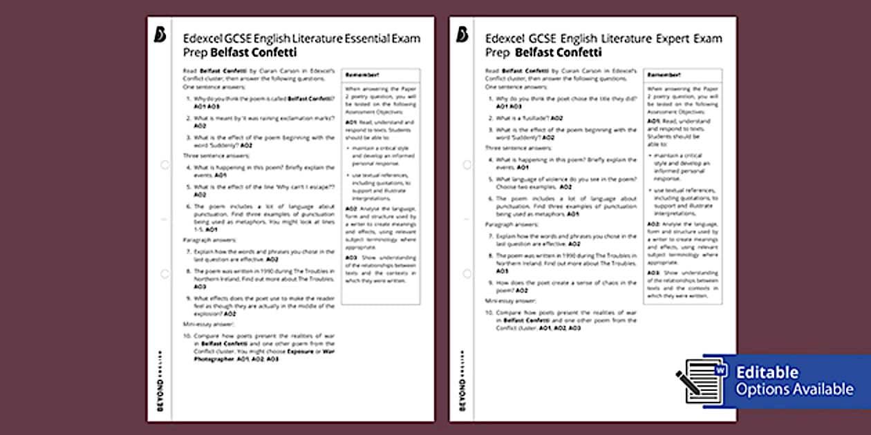 Edexcel GCSE Poetry Exam Prep - 'Belfast Confetti' Worksheet