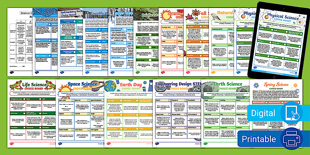 Science Choice Board Pack With Rubric for 6th-8th Grade