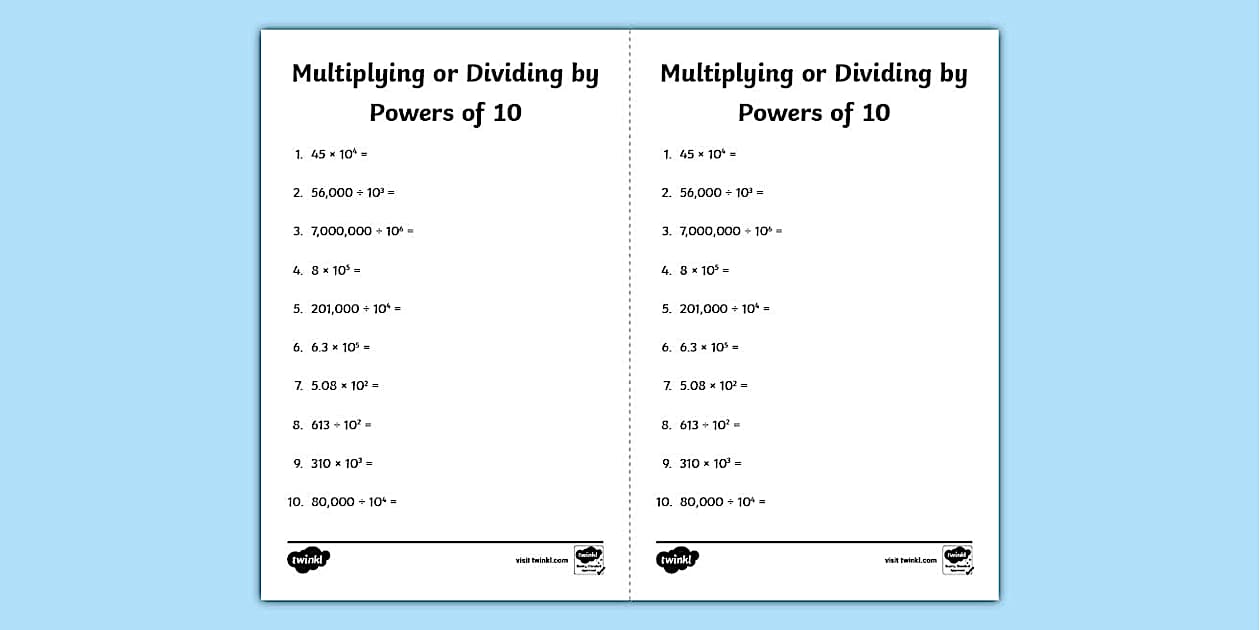 Fifth Grade Multiplying or Dividing by Powers of 10 Worksheet