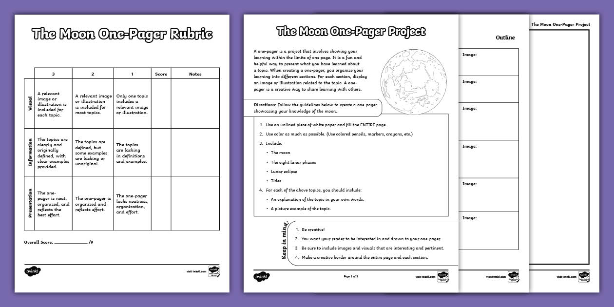 The Moon One-Pager Project for 6th-8th Grade (teacher made)