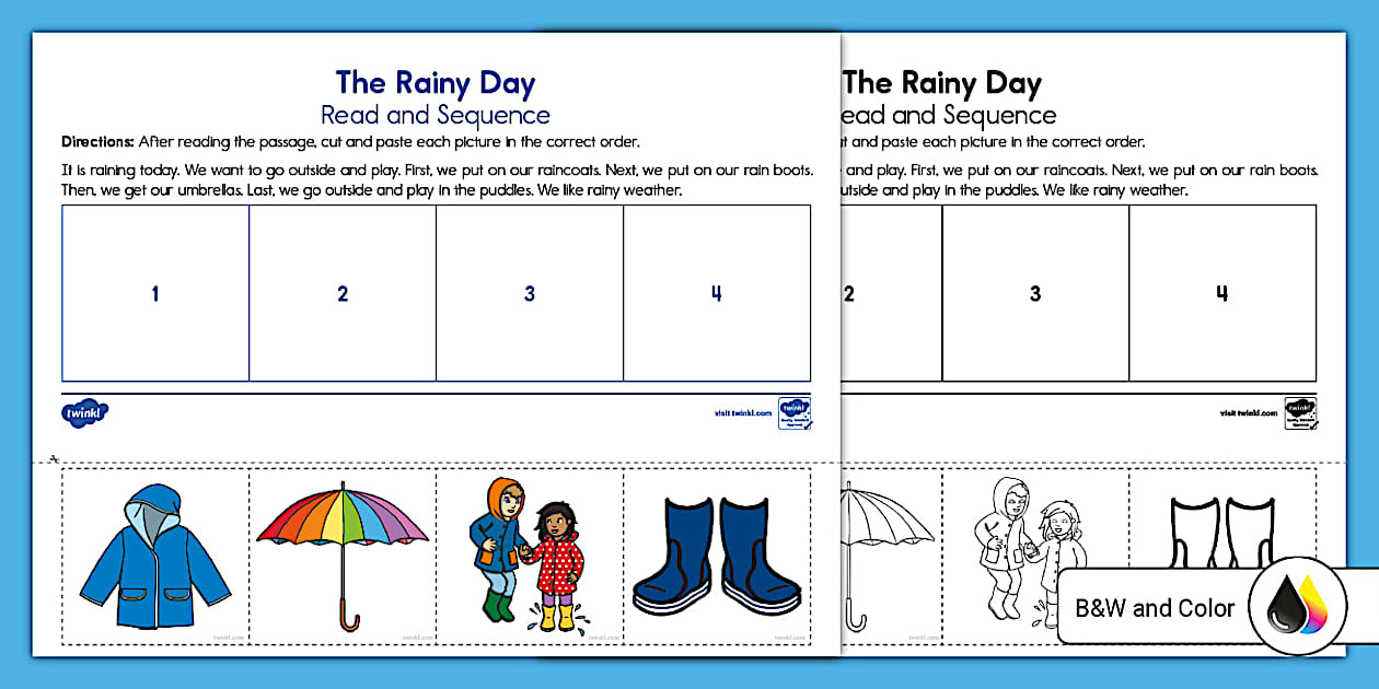 Kindergarten The Rainy Day Read and Sequence Cut and Paste Worksheet