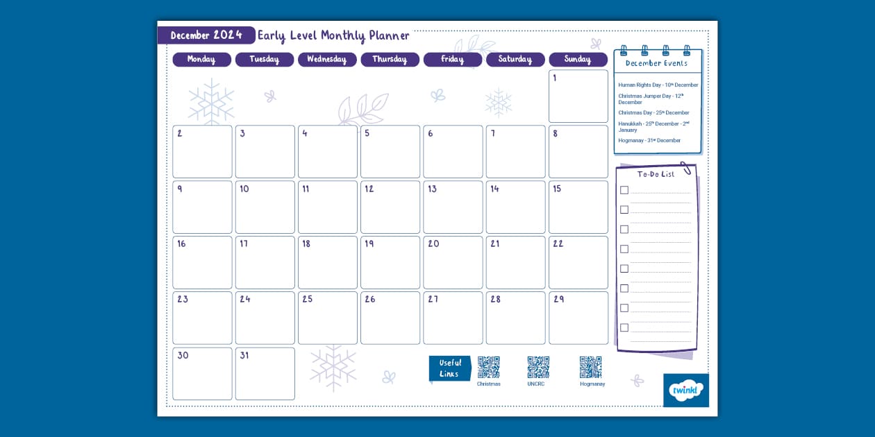December Early Level Teacher A3 Doodle Planner Sheet