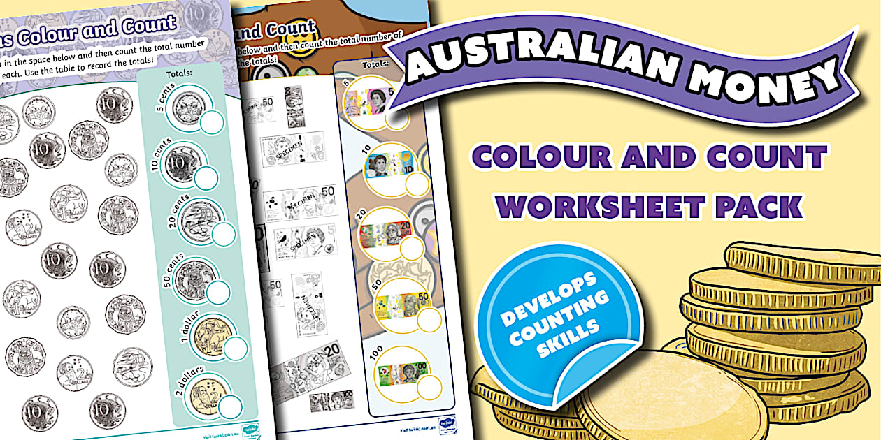 * NEW * Australian Money Colour and Count Worksheet Pack