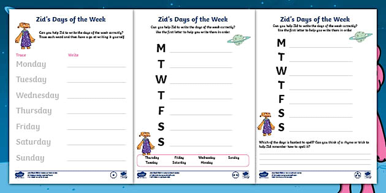 Zid's Days of the Week Spelling Practice Worksheets | Twinkl