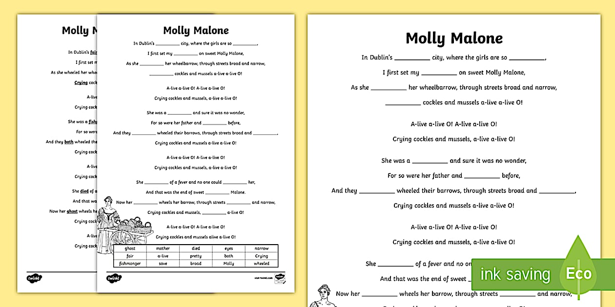 Molly Malone Writing Worksheet / Worksheet - Twinkl