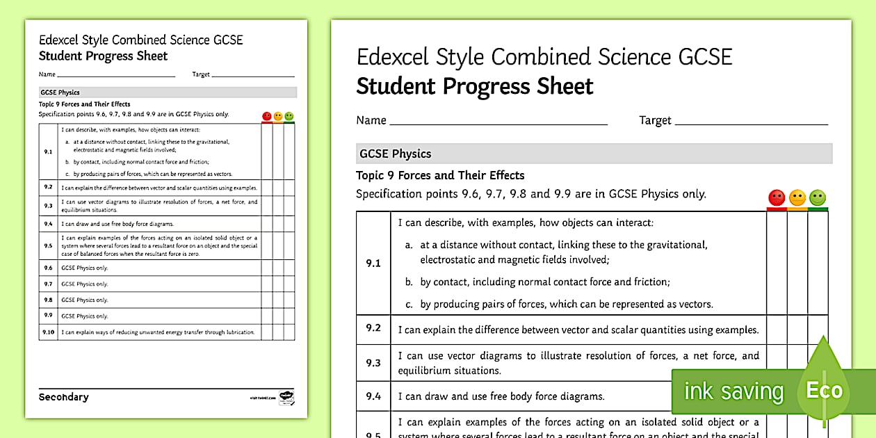 Edexcel Style Combined Science: Forces and Their Effects Progress Sheets