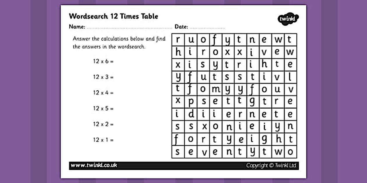 Multiplication 12 Times Tables Wordsearch Worksheet - Twinkl