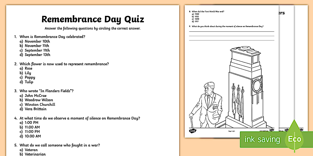 Remembrance Day Quiz Printable | Save Time Planning - Twinkl
