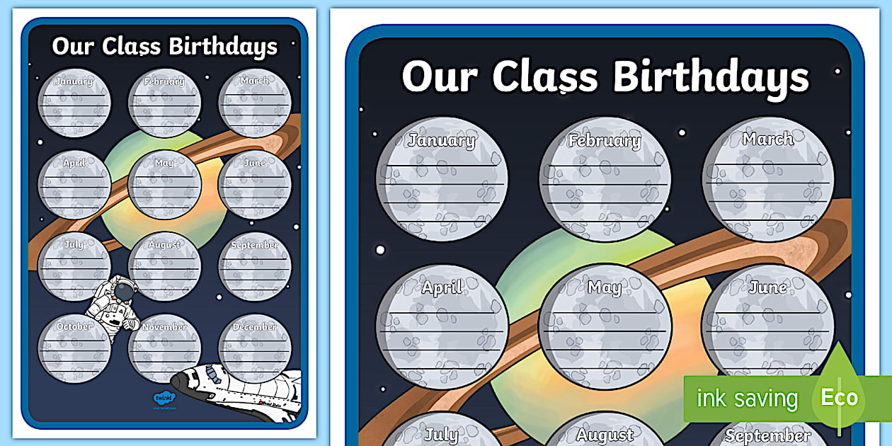 Editable Space Themed Our Class Birthday Chart Display Poster