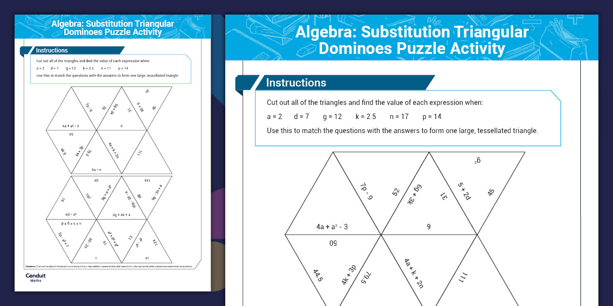Algebra: Substitution Triangular Dominoes Puzzle Activity