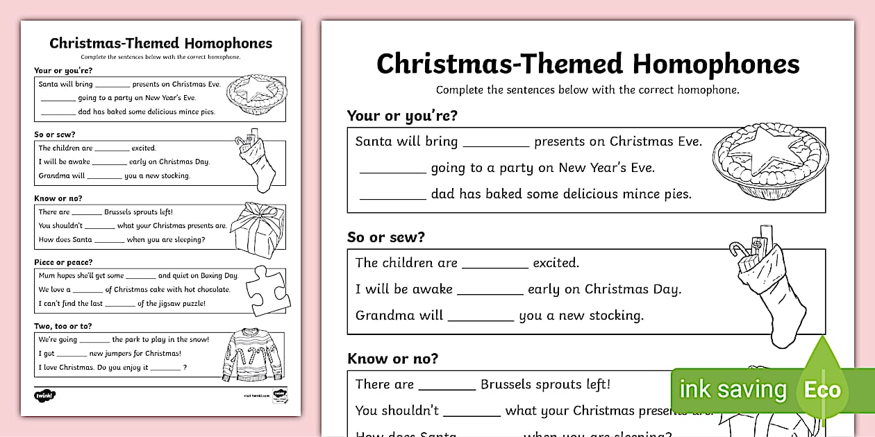 Christmas-Themed Homophones Worksheet (teacher made)
