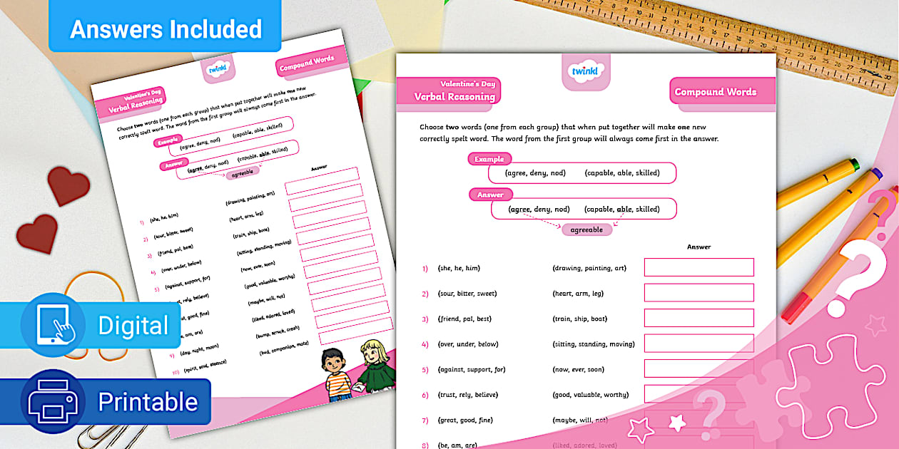 Verbal Reasoning - Valentine's Day Compound Words - Twinkl