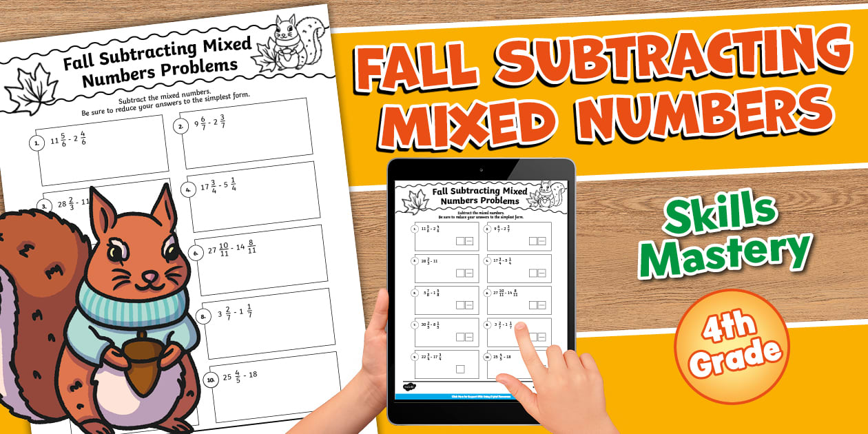 Fourth Grade Subtracting Mixed Numbers Fall Worksheet