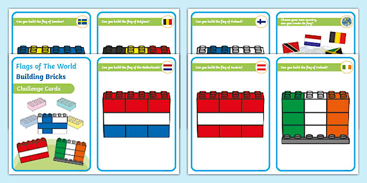 Flags of The World Building Bricks Challenge Cards - Twinkl