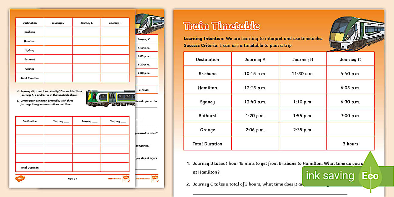Train Timetable Worksheet - KS2 Teaching Resources - Twinkl