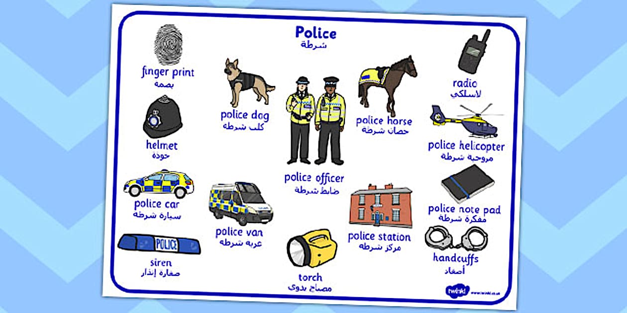 Police Word Mat Arabic Translation (teacher made) - Twinkl