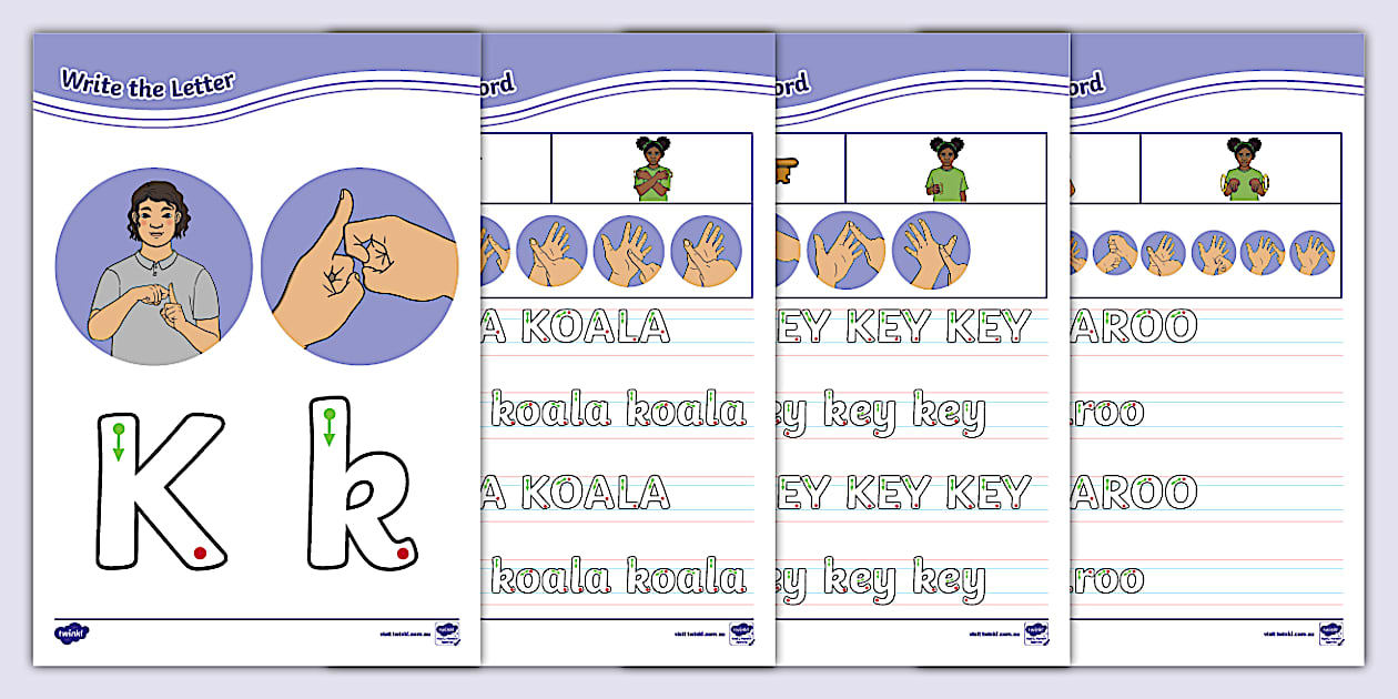 Words Starting with K Handwriting Worksheets with Auslan