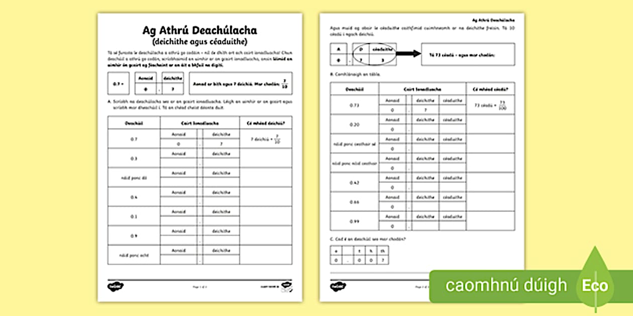 Converting Decimal Tenths and Hundredths to Fractions Worksheet Gaeilge